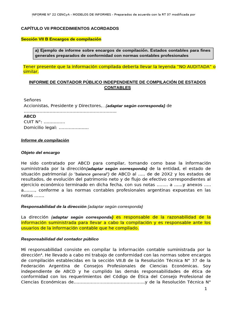 Informe Compilación SECC VII PROCEDIMIENTOS ACORDADOS | PDF | Contador | Contabilidad