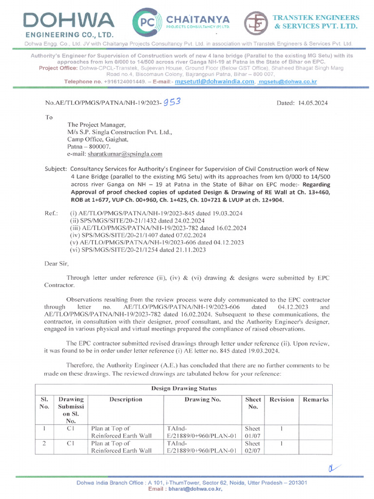 Letter No. 953, Regarding Approval of Proof Checked Copies of Updated ...