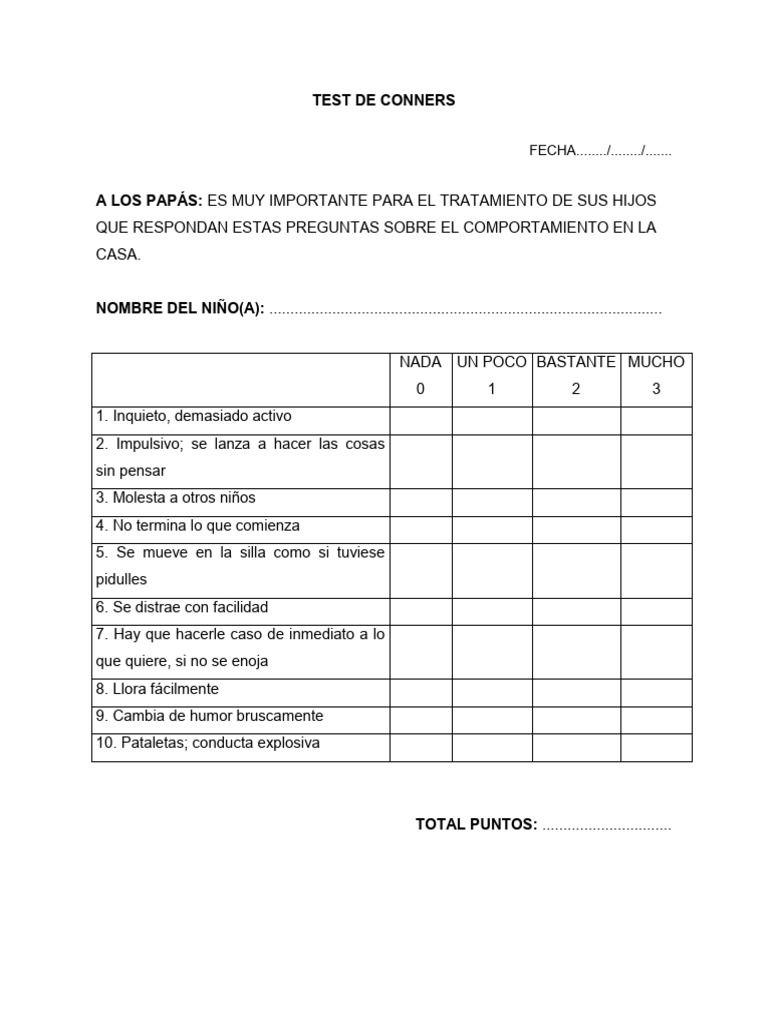 Test de Conners para Evaluar Comportamiento Infantil | PDF