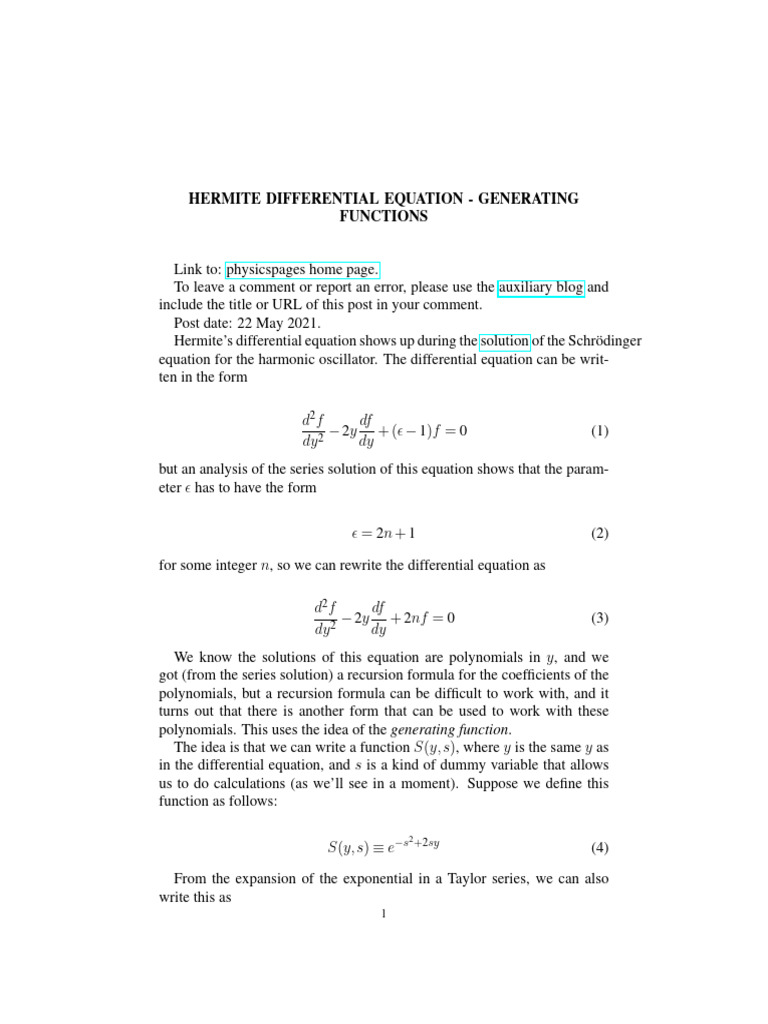 Hermite differential equation - generating functions | PDF | Equations | Functions And Mappings