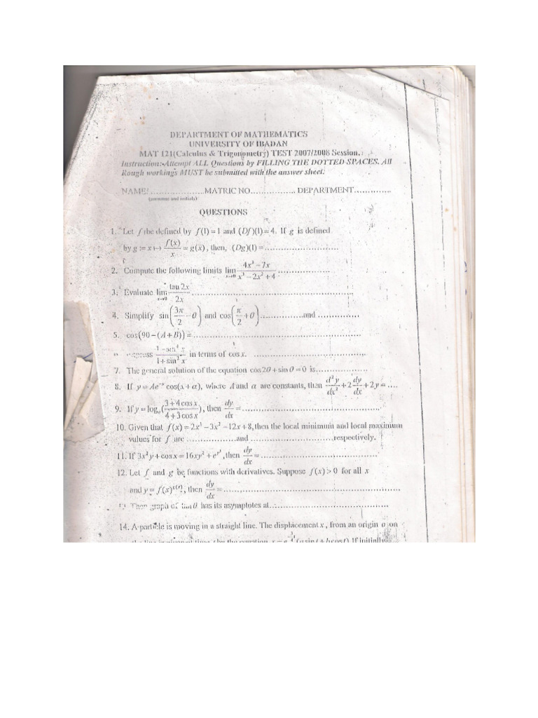 Mat 121 (Test) 2007-2010-1 | PDF