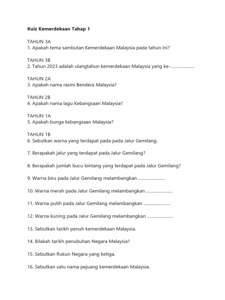Kuiz Kemerdekaan Tahap 1 | PDF