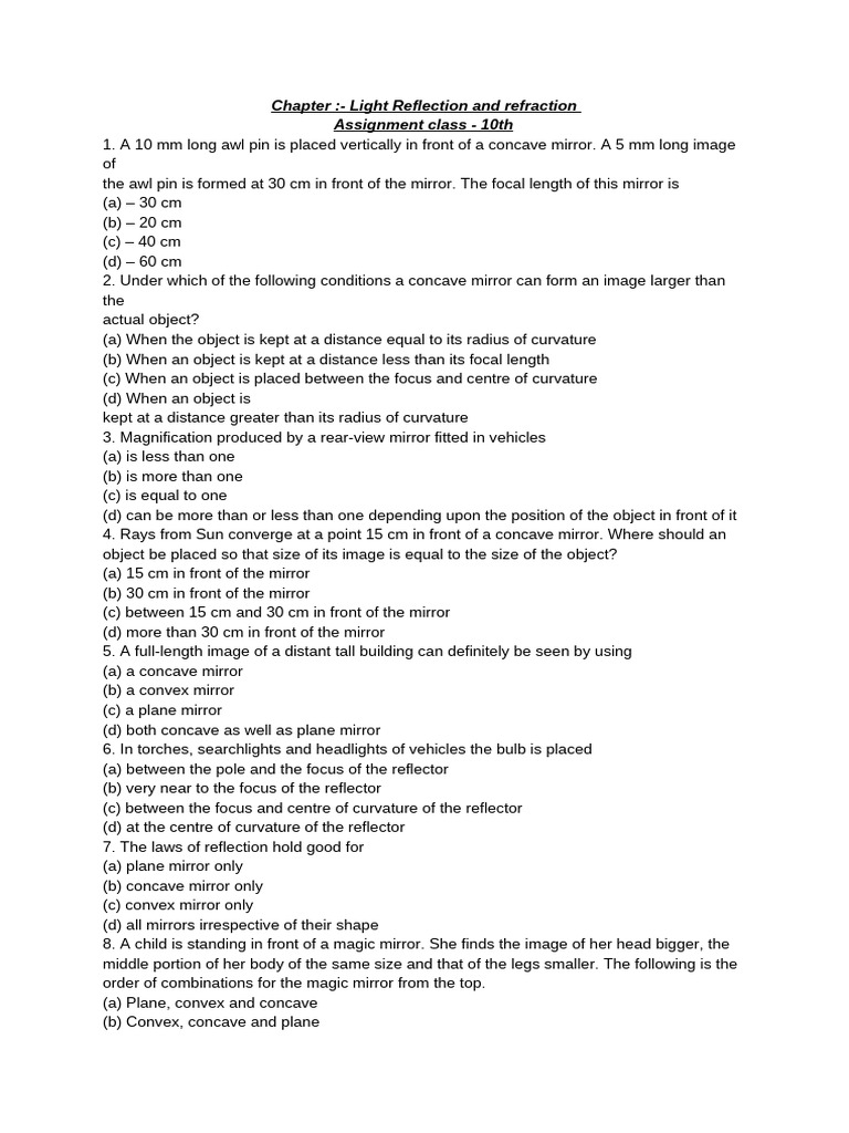 Light Reflection and Refraction Assignment | PDF | Mirror | Optics
