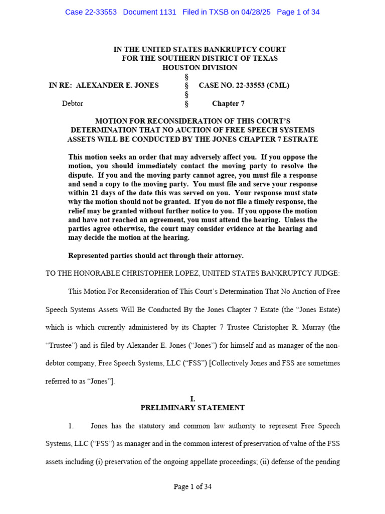 Alexander E. Jones Bankruptcy Court Filing | PDF | Bankruptcy | Chapter 7