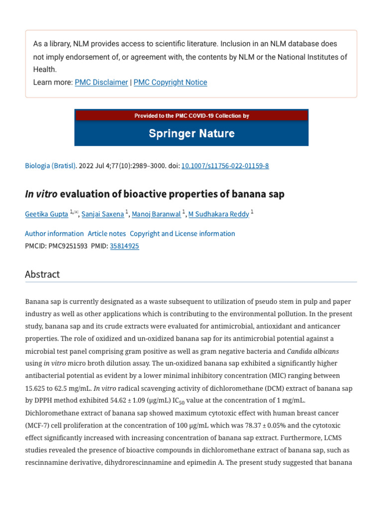 In Vitro Evaluation of Bioactive Properties of Banana Sap - PMC | PDF