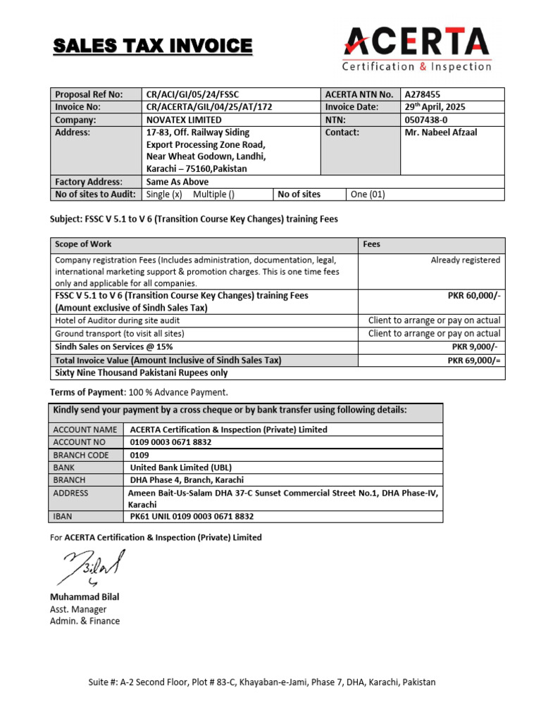 ACI Tax Invoice-FSSC V 5.1 To V 6 (Transition Course Key Changes) Training Fees-NOVATEX LIMITED ...