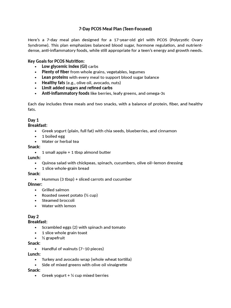 7-Day PCOS Meal Plan for Teens | PDF | Salad | Lunch