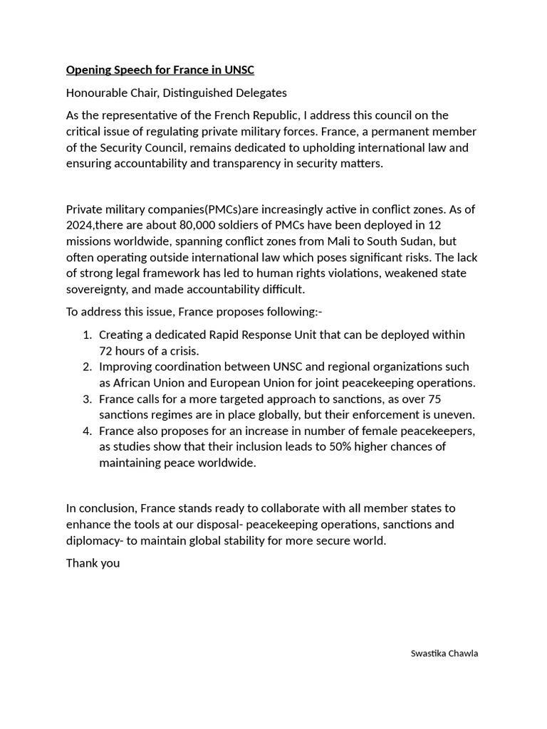France's UNSC Speech on PMCs Regulation | PDF