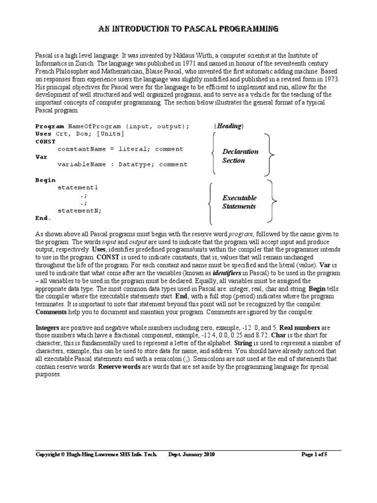 An Introduction To Pascal Programming MOD 2010 | PDF | Notation ...