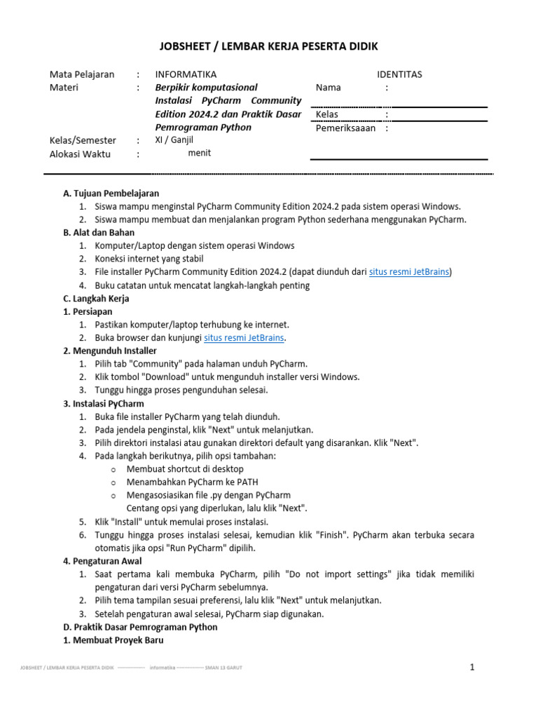 Jobsheet - Lembar Kerja Peserta Didik - Berfikir Komputasional Python | PDF