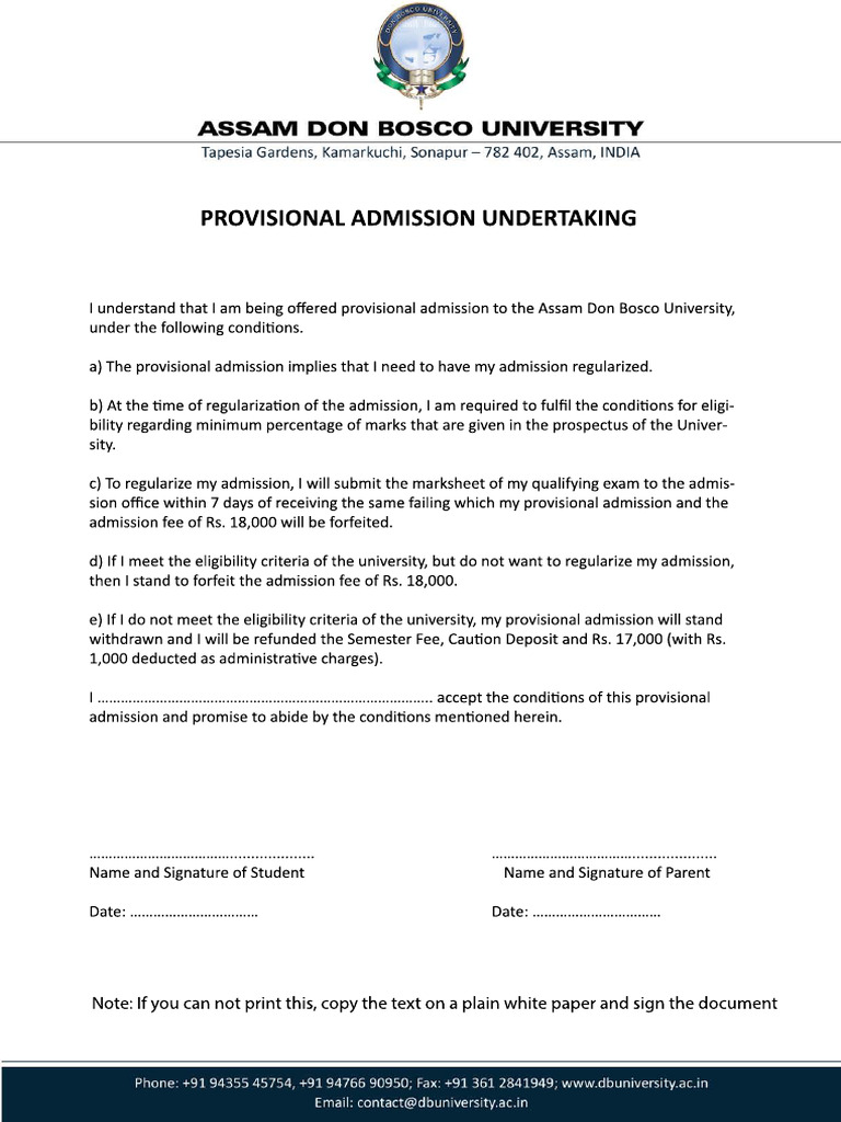 Adbu Provisional Admission Undertaking | PDF