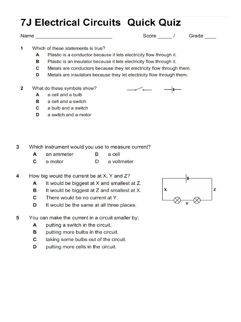 7J Electrical Circuits Quick Quiz | PDF