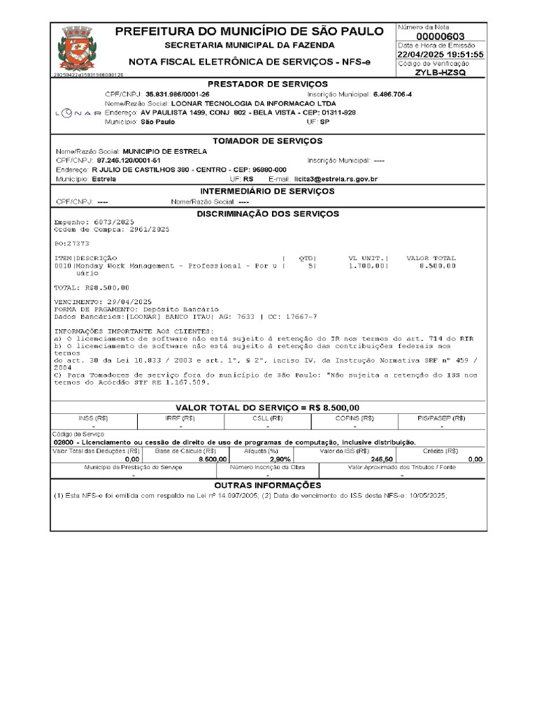 Nota Fiscal Loonar | PDF