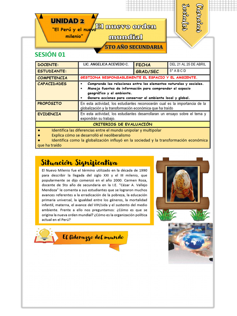 Ficha de Actividad CCSS 5° - Semana 1 Uni 2 | PDF | Neoliberalismo | Globalización