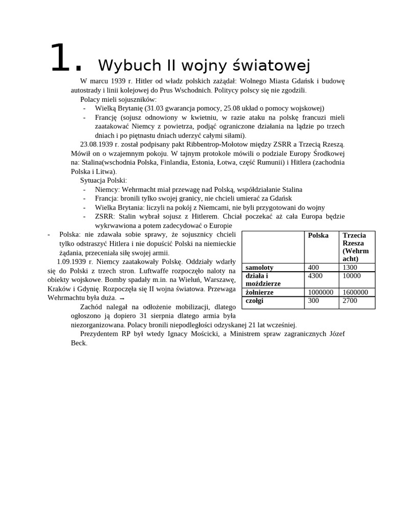 Wybuch II Wojny Światowej Notatka Na Historię Klasa 8 | PDF