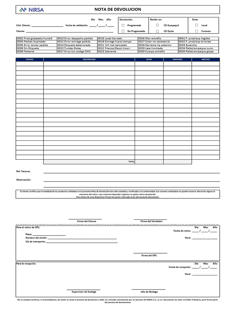 Nota de Devolucion (Formato) 1 | PDF