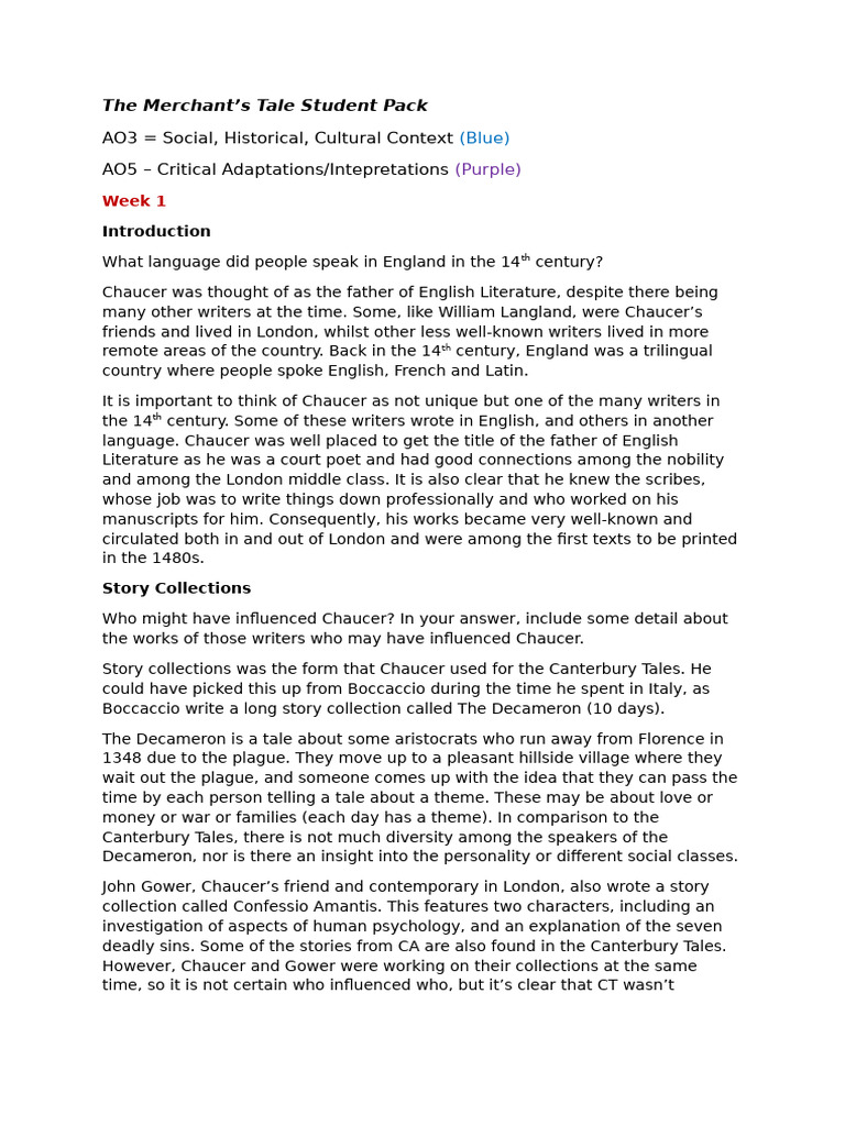 Merchant's Tale Study Guide Overview | PDF | Song Of Songs | The Decameron