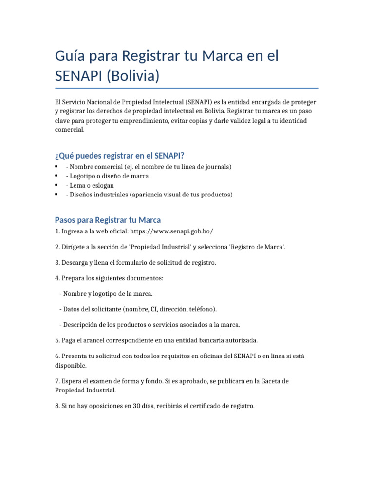Guia Registro Marca SENAPI Bolivia | PDF