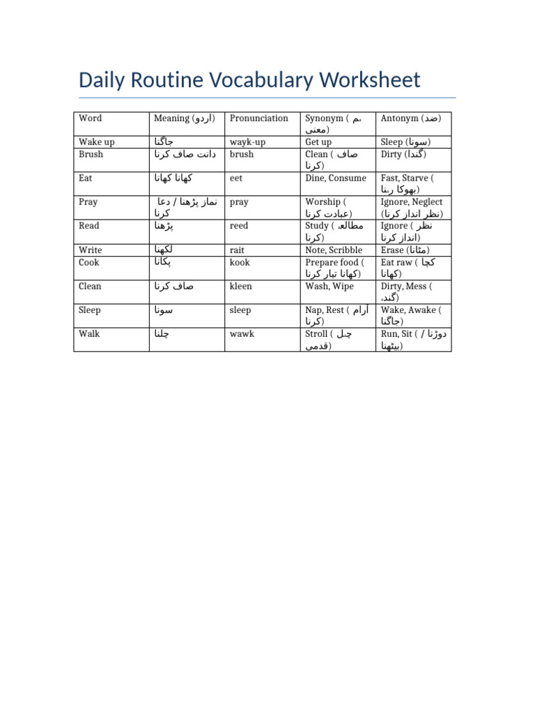 Daily Routine Vocabulary Worksheet | PDF