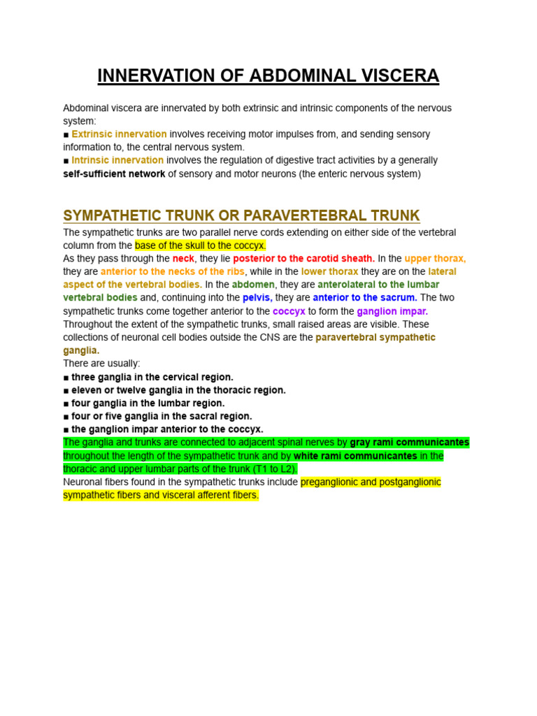 Abdominal Viscera Innervation Overview | PDF | Autonomic Nervous System ...