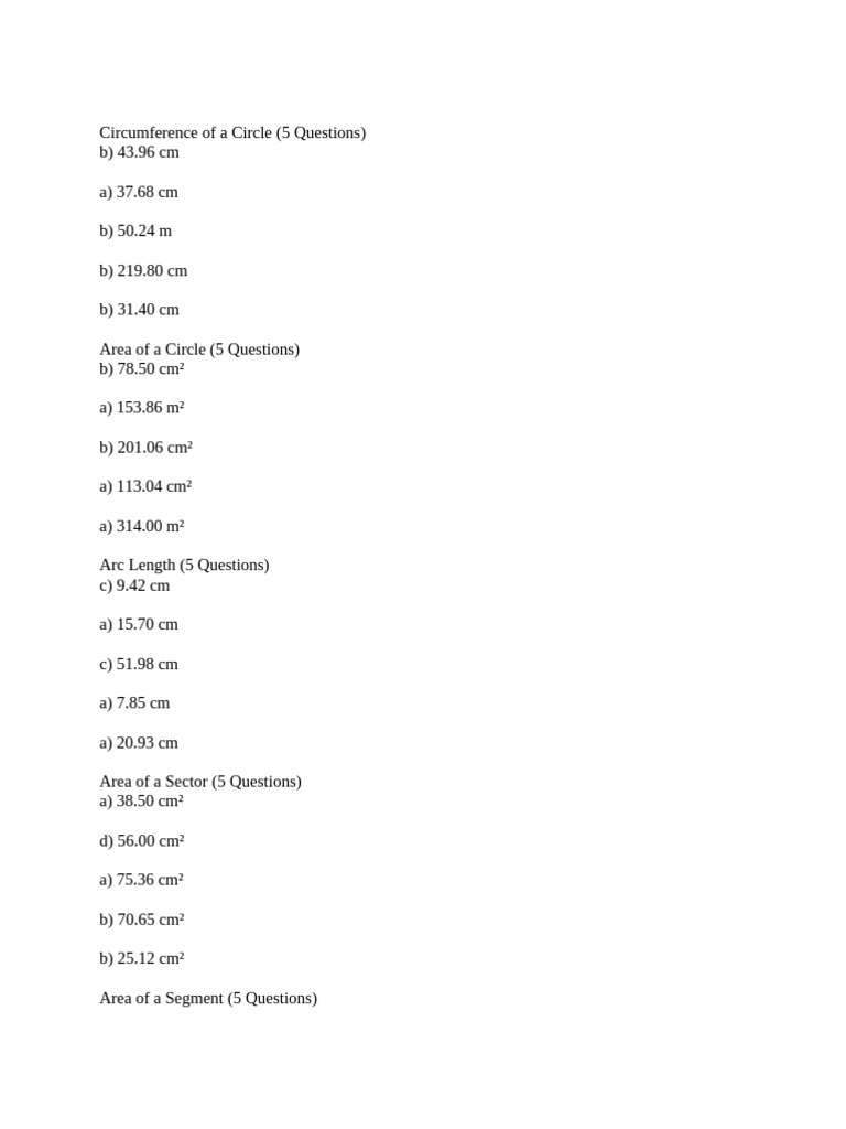 Circle Test Answer Key and Sheet | PDF