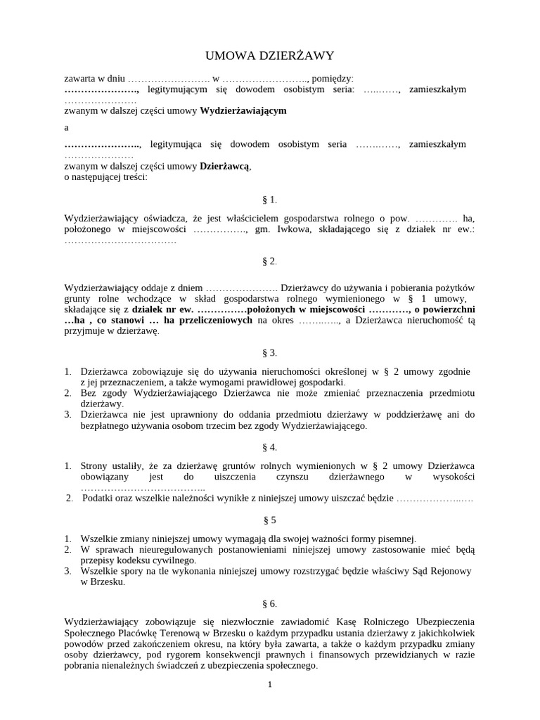 Umowa Dzierzawy Wzor | PDF