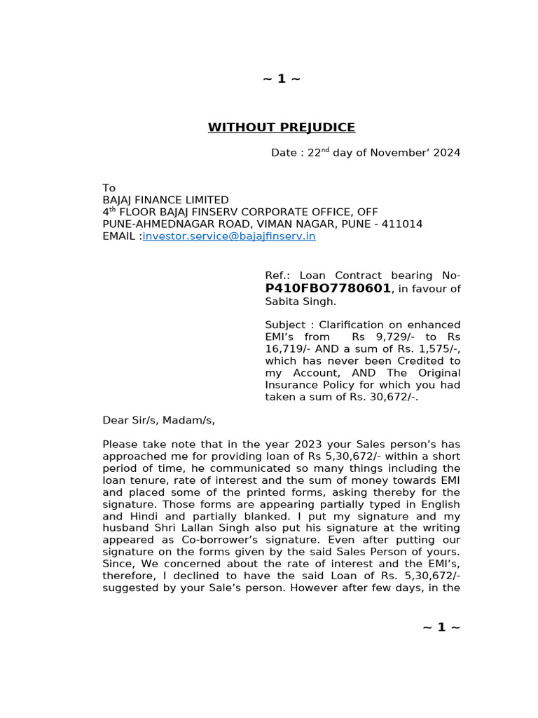 Letter To Bajaj Finance Limited - Sabita Singh - November - 2024 | PDF ...