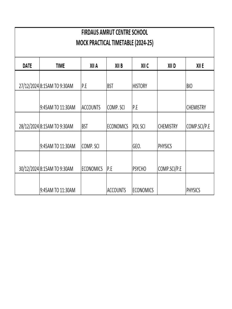 Xii Mock Practical Timetable | PDF