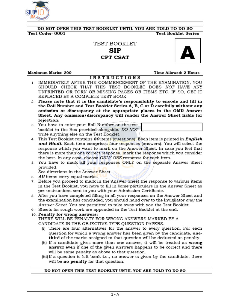 CPT CSAT Test Booklet Instructions | PDF