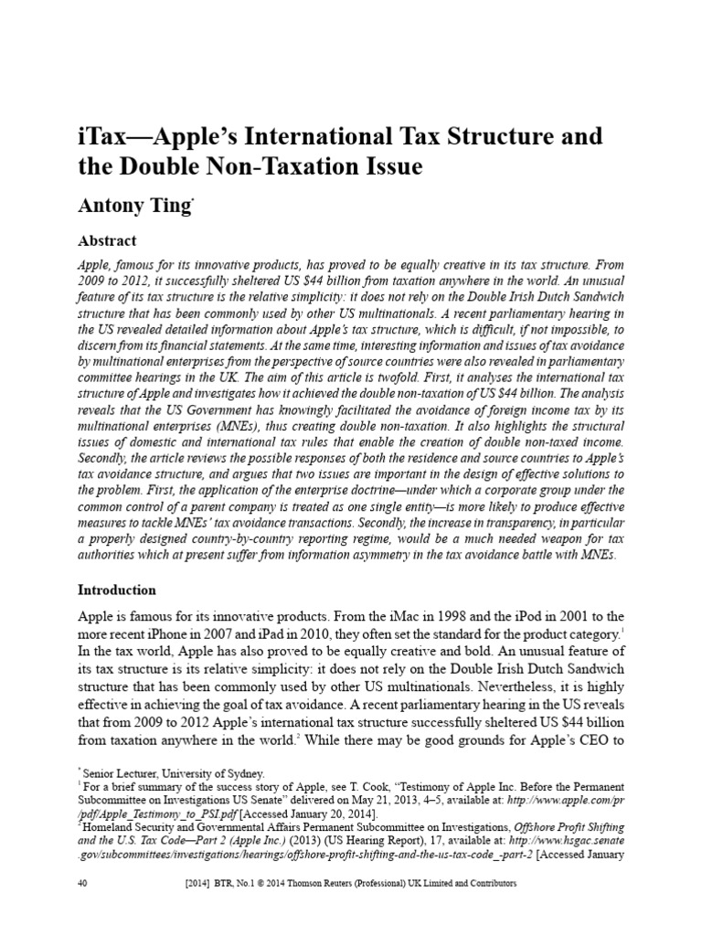 TING, Antony. Itax Apple - S International Tax Structure and The Double NonTaxation Issue | PDF ...