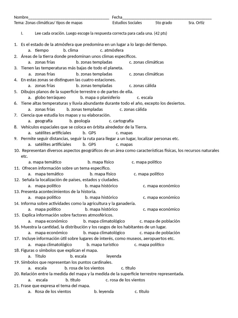 Examen 5to Grado Zonas Climaticas | PDF | Mapa | Clima
