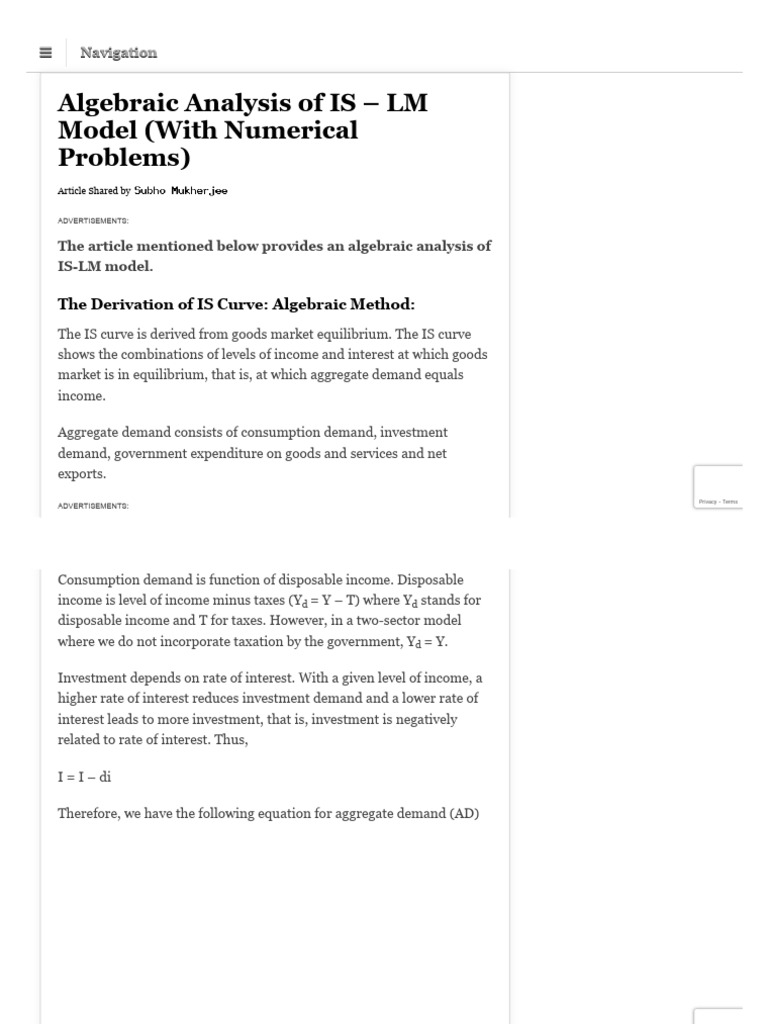 Algebraic Analysis of IS-LM Model | PDF | Taxes | Demand For Money