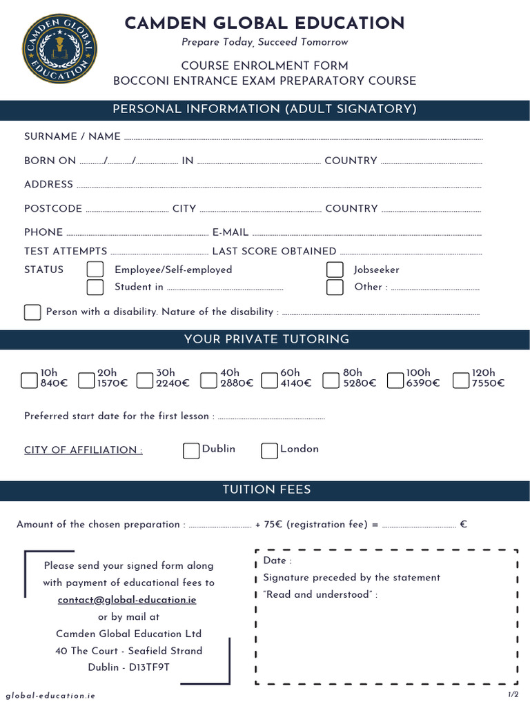 Bocconi Exam Preparatory Course Enrolment Form | PDF