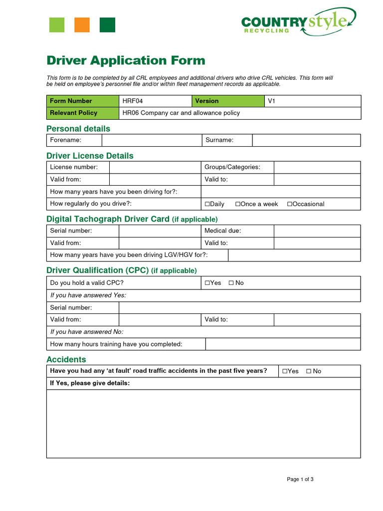 DRIVER Application Form 1 | PDF | Driver's License | Vehicles