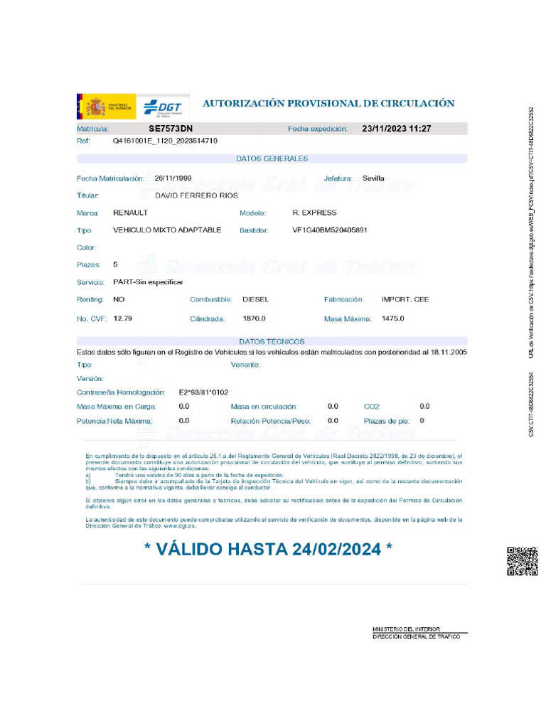 Permiso de Circulación Temporal Del Vehículo Se7573dn. | PDF