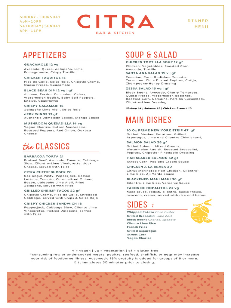 Citra Bar Kitchen Main Dishes Menu | PDF | Sauce | Salad