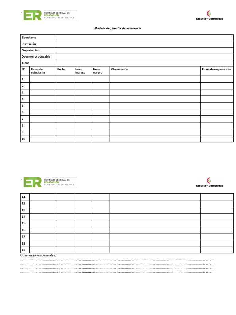 Modelo de Planilla de Asistencia | PDF