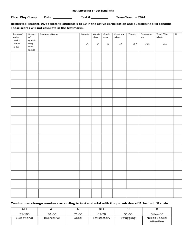 Test Record Sheet of English, G.K, Maths of Play Group | PDF