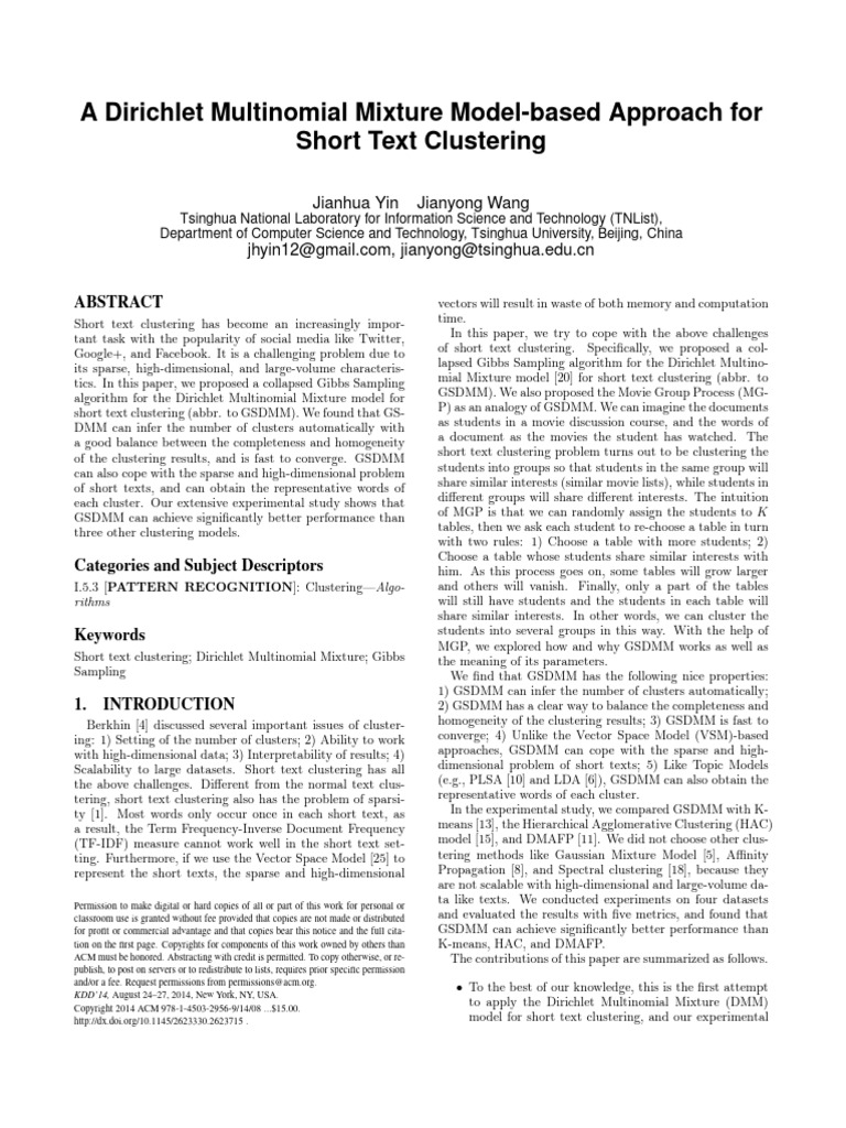 A Dirichlet Multinomial Mixture Model-based Approach for Short Text Clustering | PDF | Cluster ...