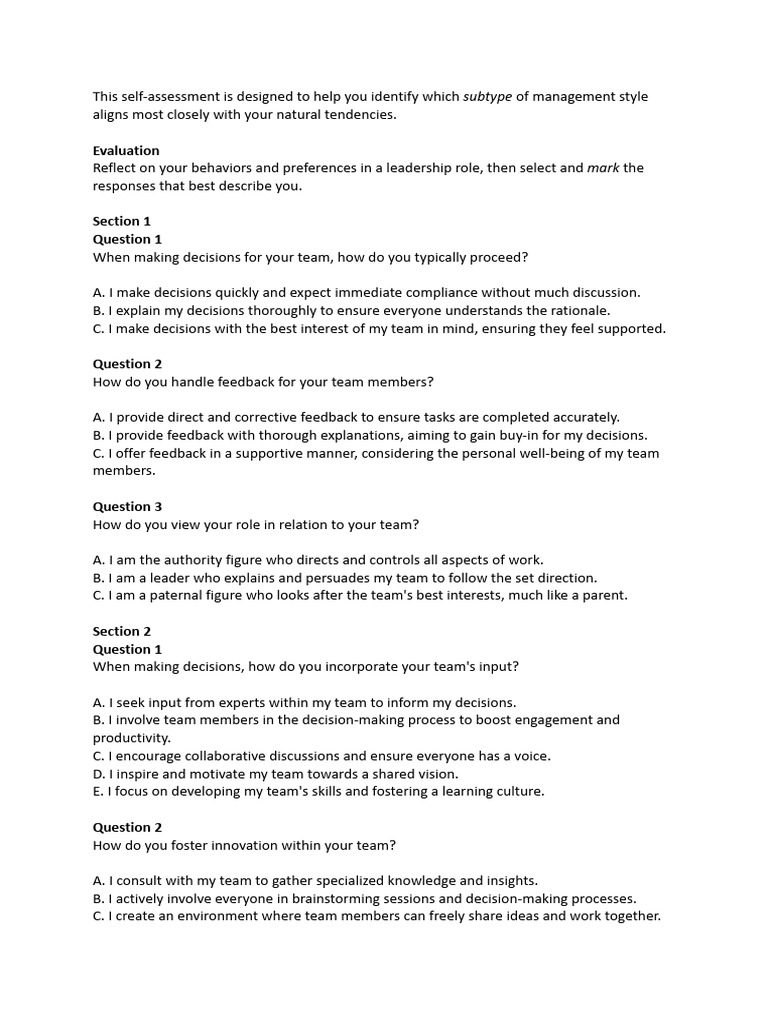 Self-Assessment - Identifying Your Management Style Subtype - Download ...