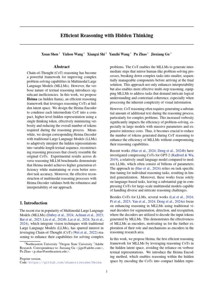 Efficient Reasoning With Hidden Thinking | PDF