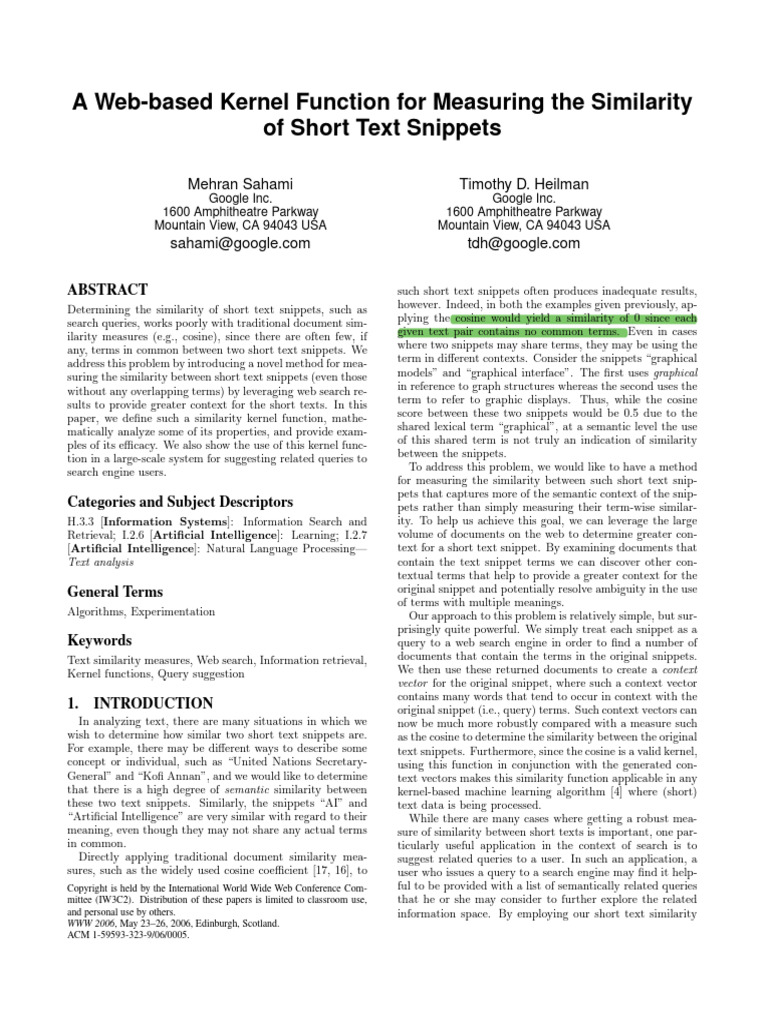 A Web-Based Kernel Function For Measuring The Similarity of Short Text Snippets | PDF ...