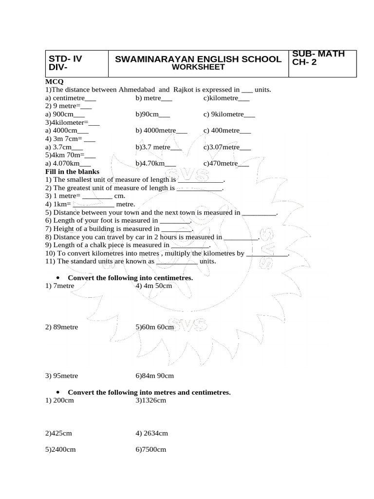 STD 4 Maths Ncert CH-2 Worksheet | PDF | Units Of Measurement | Distance