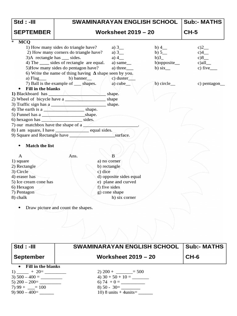 STD3 Maths CH-5,6,7 Worksheet (Ncert) | PDF | Shape | Rectangle