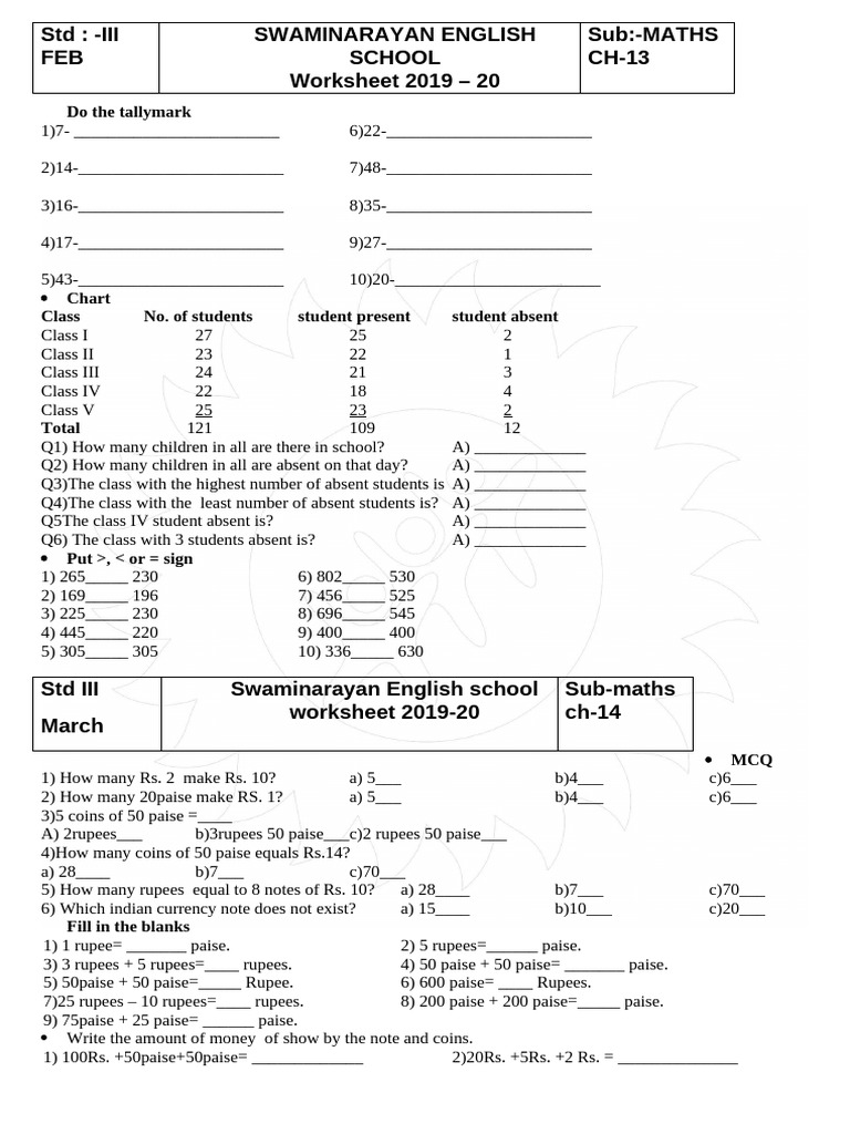 Class 3 Maths Worksheet: Chapter 14 | PDF
