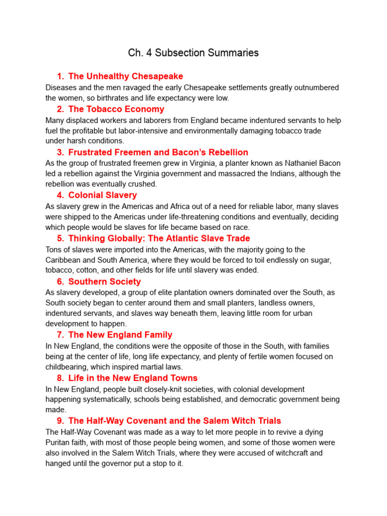 CH 4 Subsection Summaries (11 Sections in The Chapter) | PDF | Slavery ...