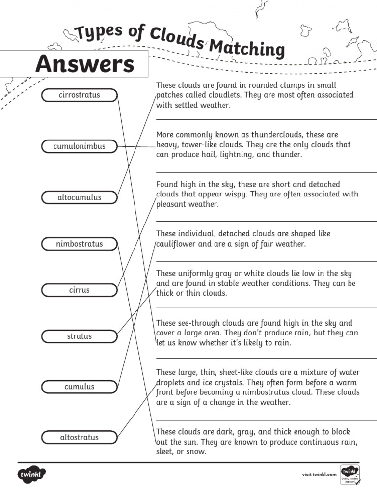 Answers Types of Clouds Matching Activity For 3rd-5th Grade | PDF