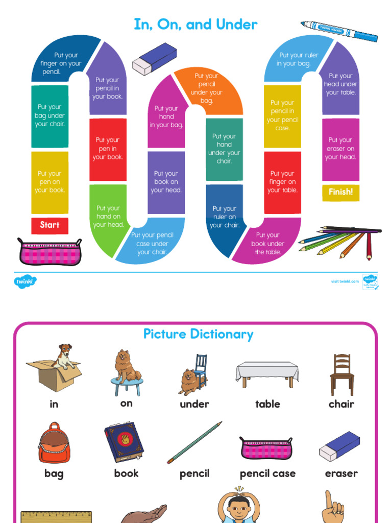 Color In, On, and Under Preposition Game | PDF | Stationery ...
