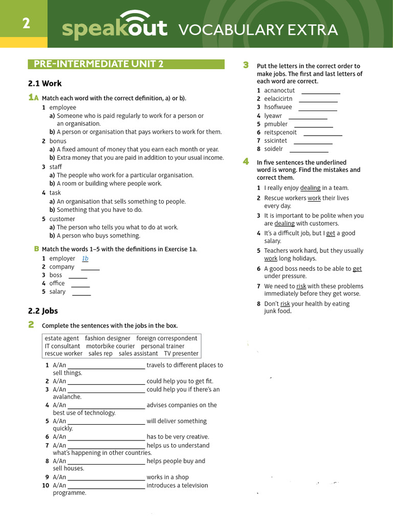 Speakout Vocabulary Extra Pre-Intermediate Unit 2 | PDF | Employment ...