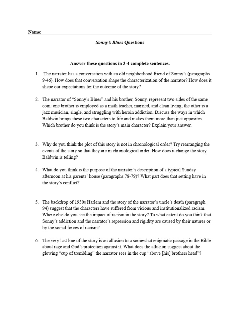 Sonny's Blues Analysis Questions | PDF